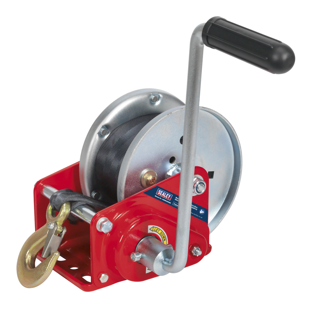Geared Hand Winch with Brake & Webbing 900kg Capacity - Huttie