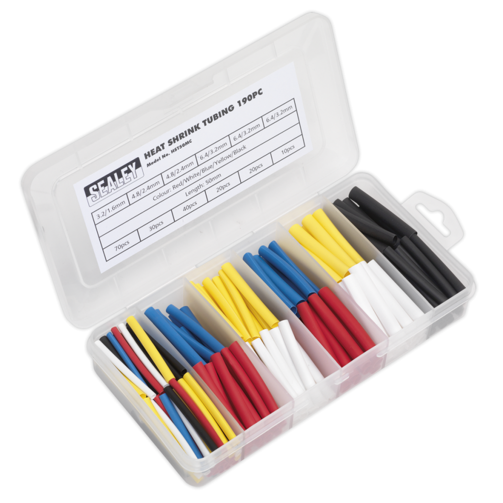 Heat Shrink Tubing Assortment 190pc 50mm Mixed Colours Huttie heat-shrink-tubing-assortment-190pc-50mm-mixed-colours-huttie